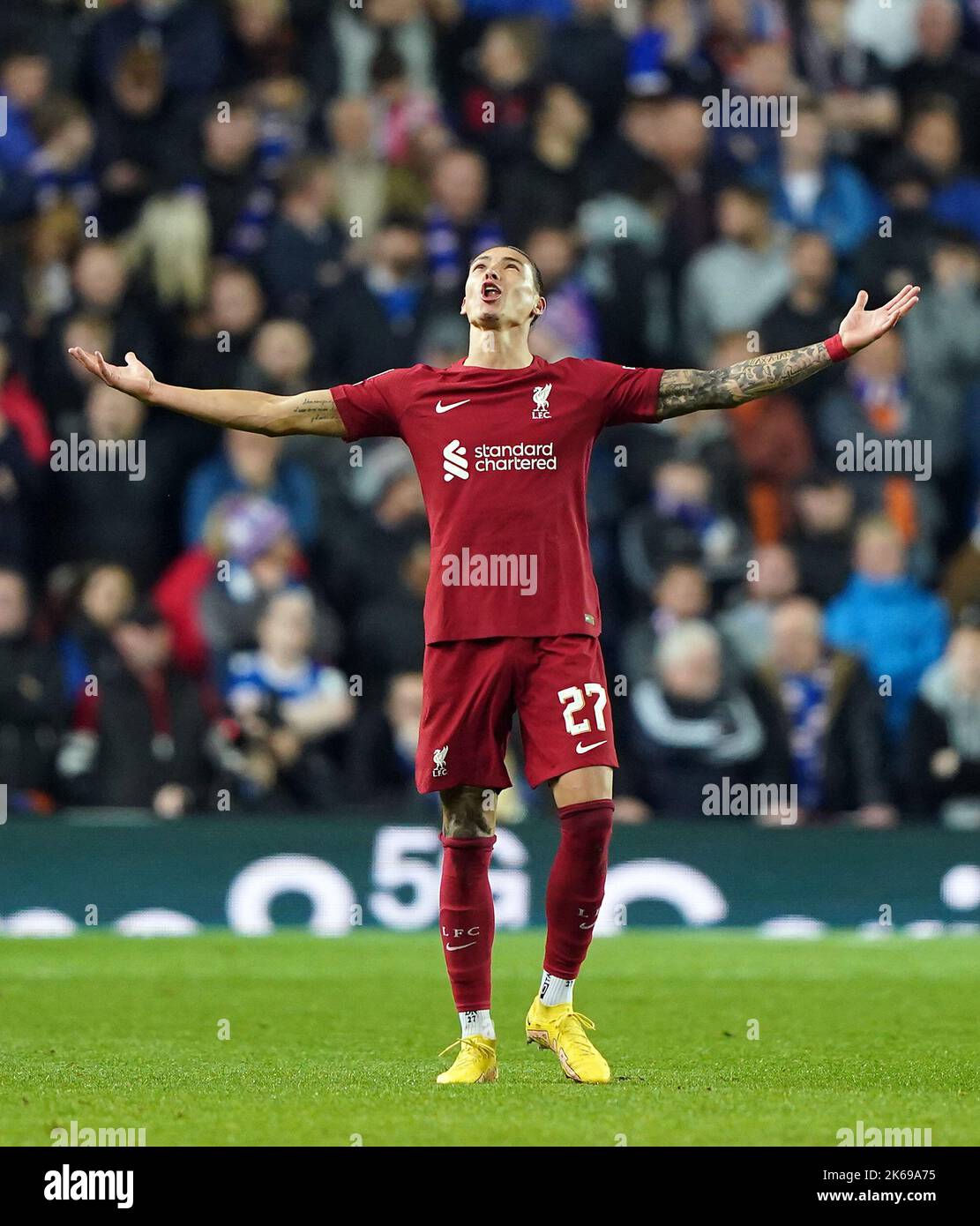 Liverpool's Darwin Nunez celebrates scoring their side's third goal of ...
