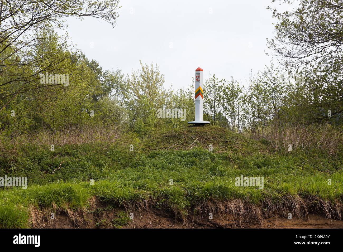 Lithuanian border pole on border line between Lithuania and Belarus on ...