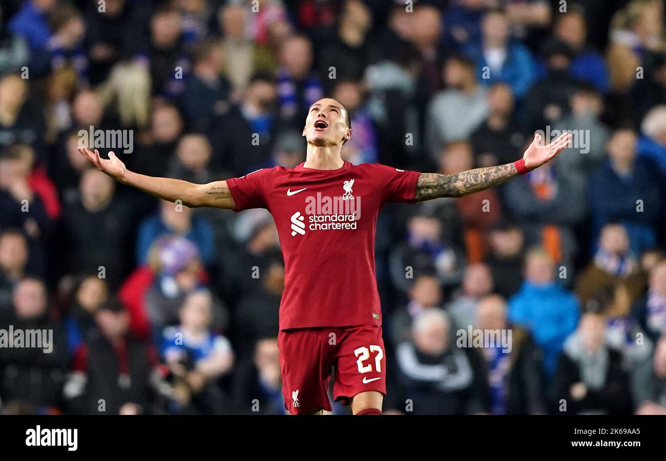 Liverpool's Darwin Nunez celebrates scoring their side's third goal of ...