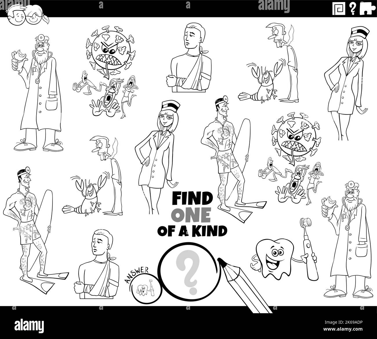 Black and white cartoon illustration of find one of a kind picture ...