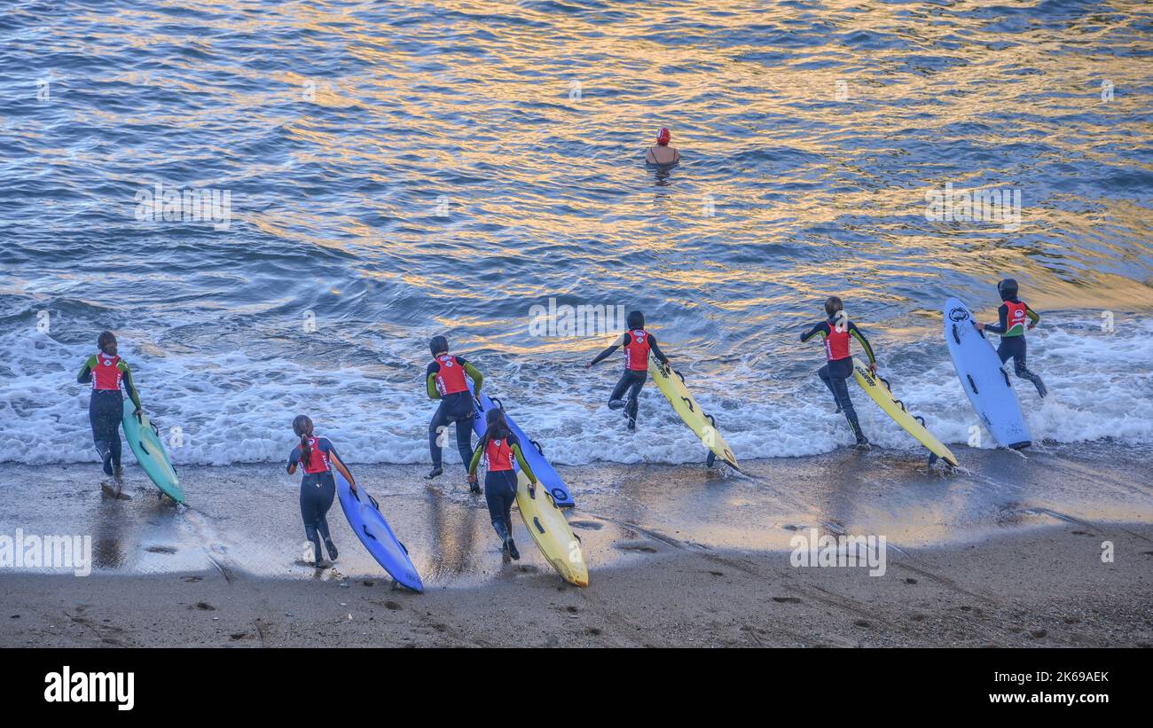 Biarritz, France - 15 Jan, 2022: Surfers on the Cotes des Basques beach ...