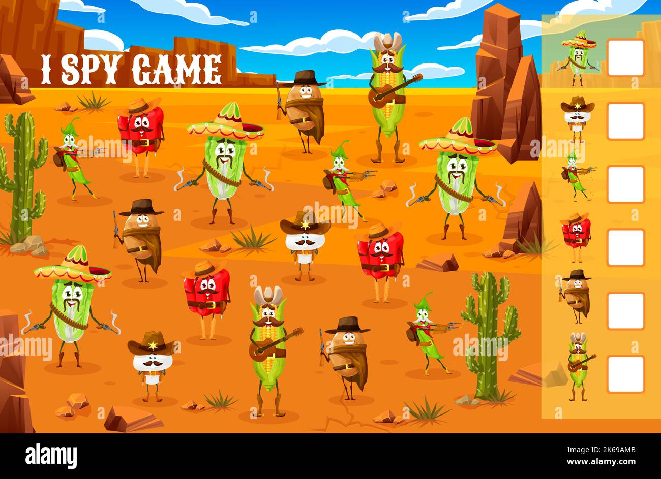 I spy game. Cartoon cowboy and bandit vegetable characters. Child ...