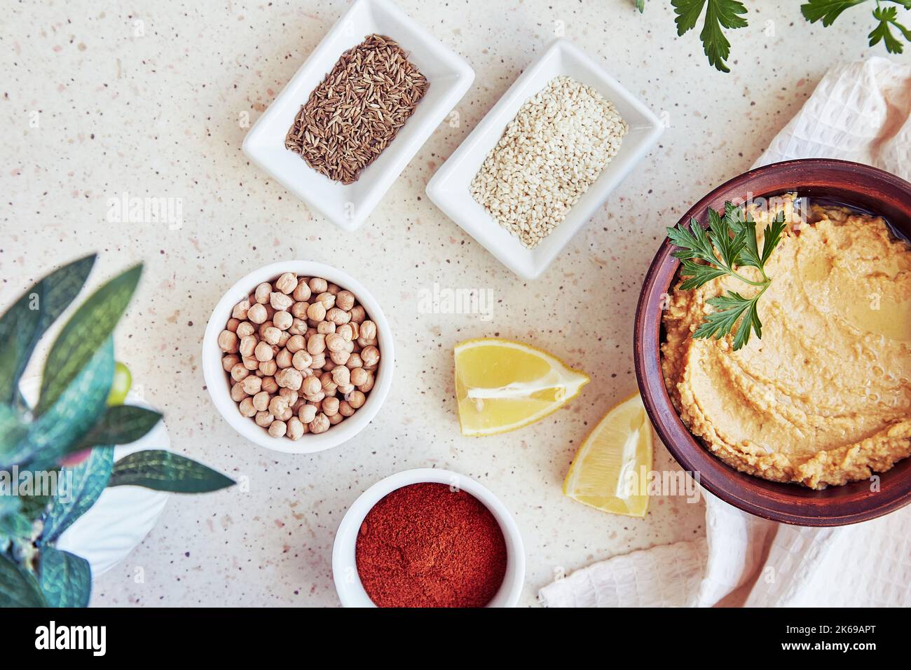 Hummus spread from cooked, smashed chickpeas, tahini, olive oil, garlic ...