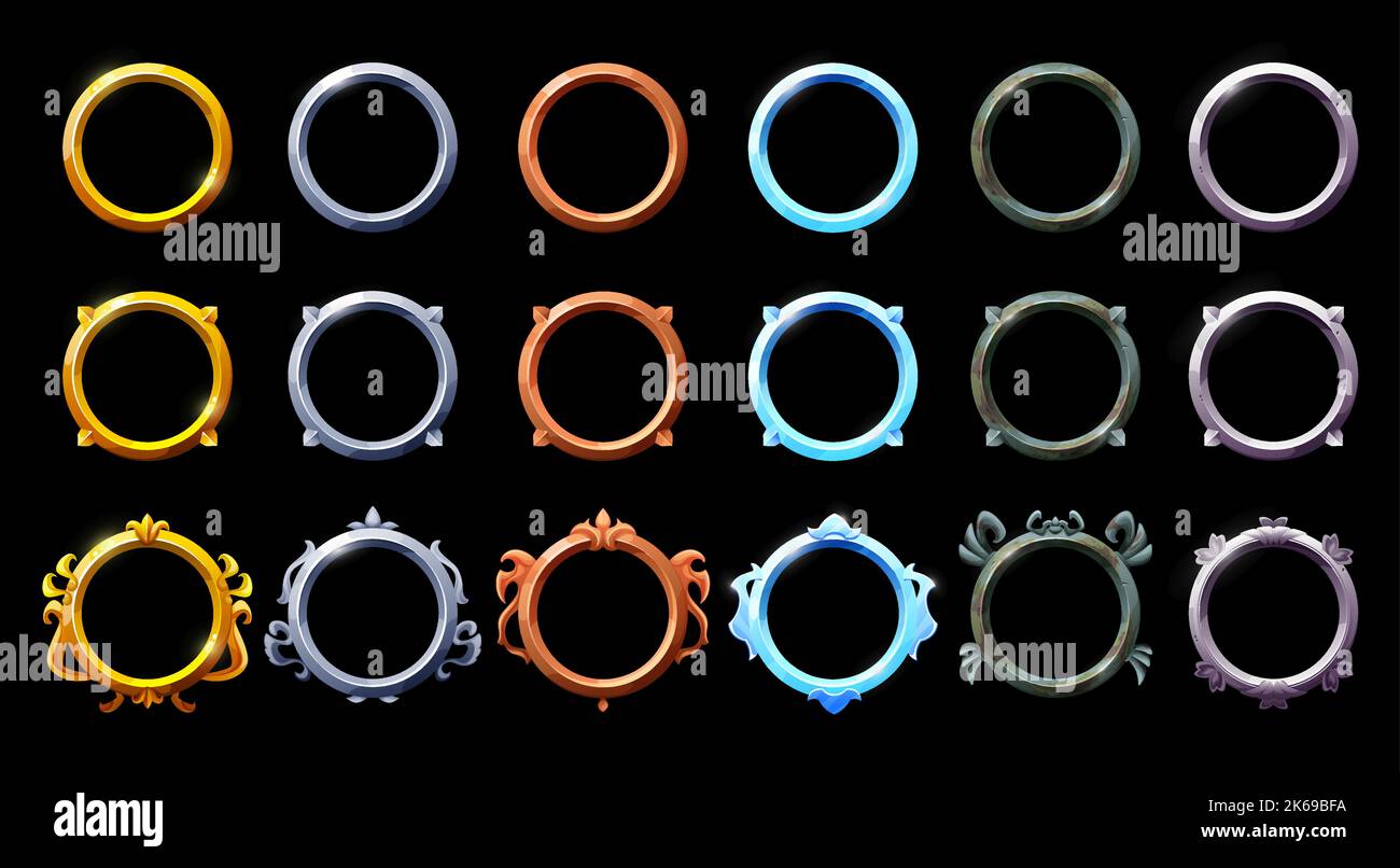 Golden, silver, bronze, copper and rusty metal circle frames, vector game assets. Rusty metal ...