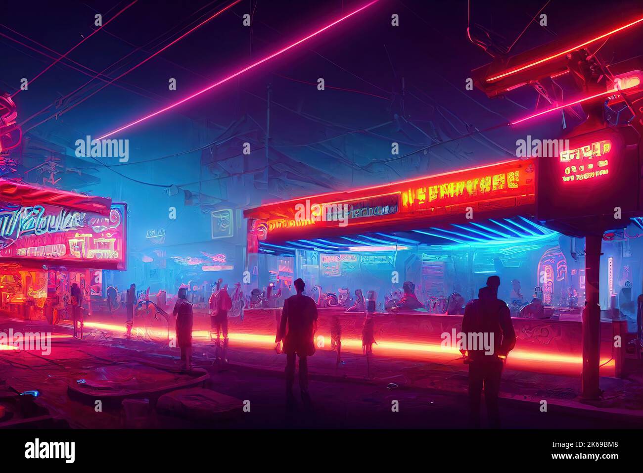 Bar Stools in cyberpunk BAR in cyberpunk city. Neons, cybercity ...