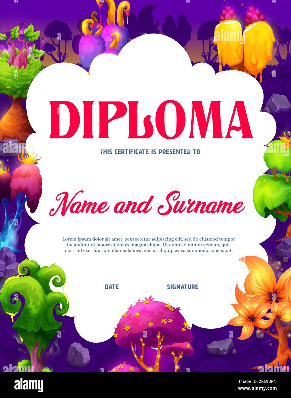 Kids diploma, fantasy forest, magic alien trees and plants, vector ...