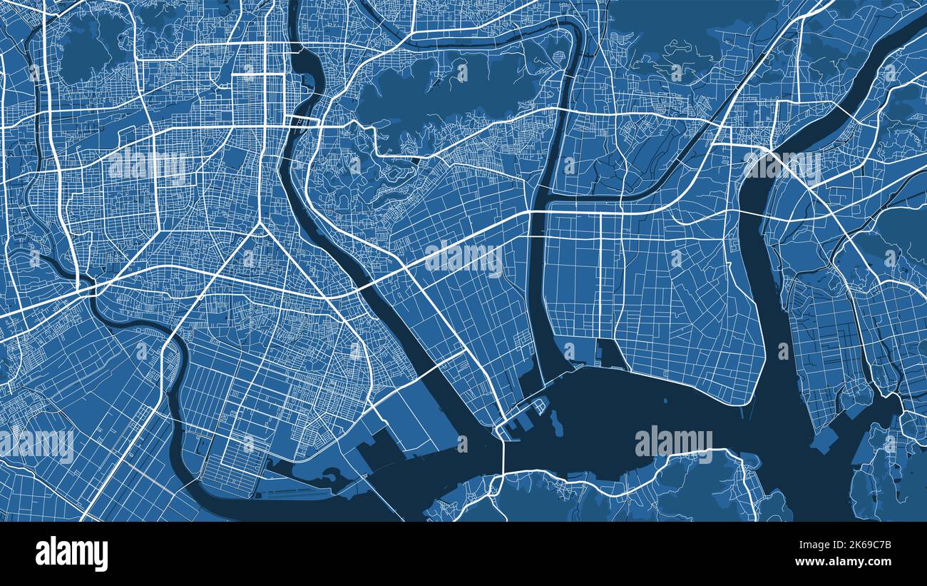 Detailed map poster of Okayama city administrative area. Blue skyline ...