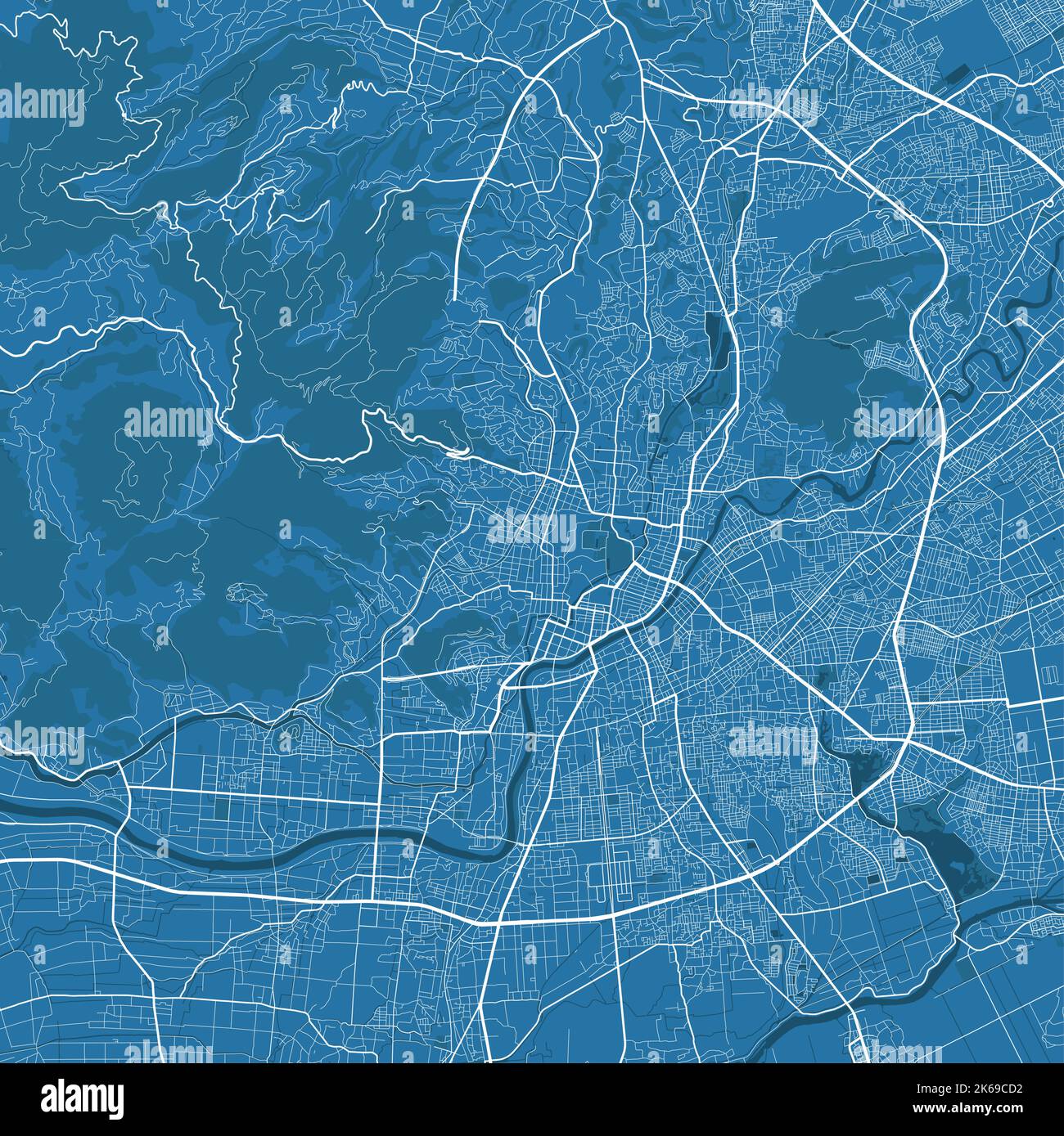 Detailed map poster of Kumamoto city administrative area. Blue skyline ...