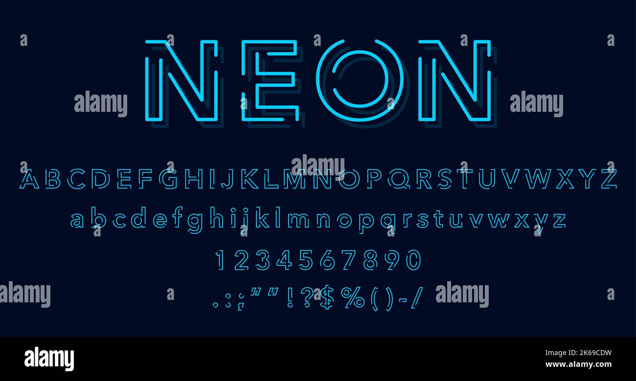 Slim neon font type, typeface letters and signs, vector alphabet text ...