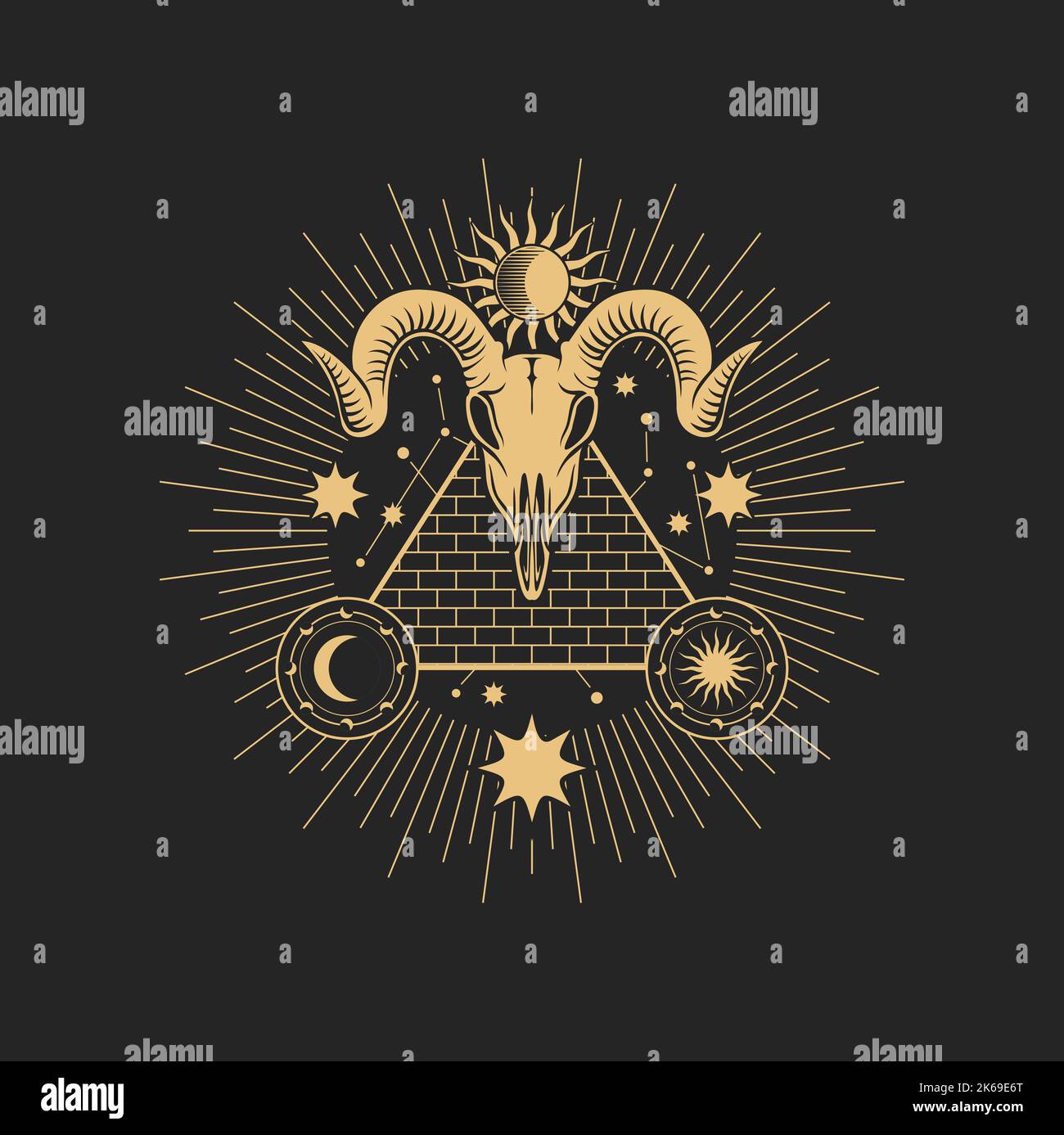 Occult esoteric pentagram sign with goat skull, egyptian pyramid, star ...