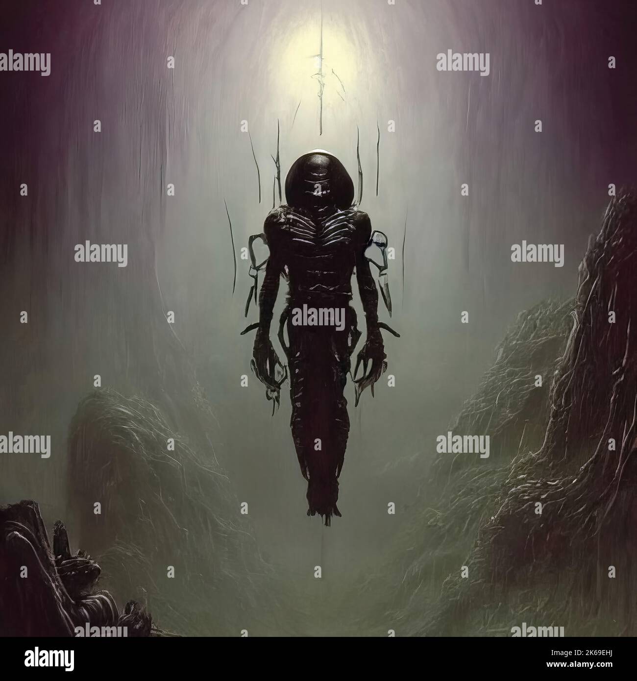 An illustration of a scary alien on a dark background, interpreting ...