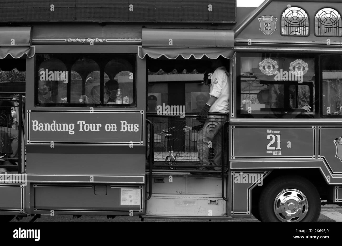 A grayscale shot of a Bandung tour bus called Bandros in Indonesia ...