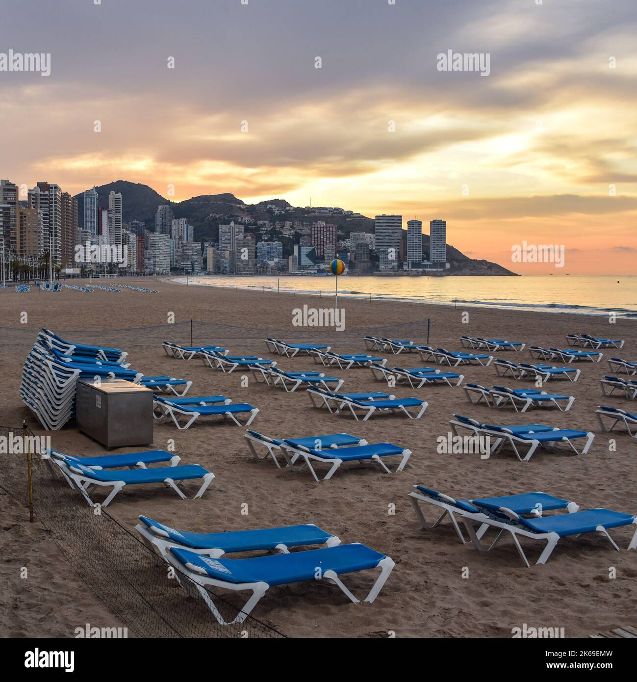 Benidorm, Spain - 11 March, 2022: Sunloungers at Dawn on Benidorm beach ...