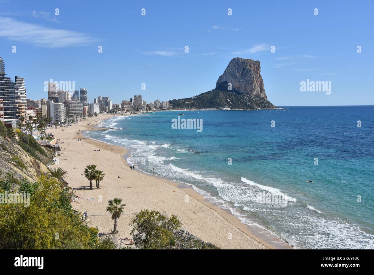Panoramic view of Calpe Beach and the Penon de Ifach rock formation ...