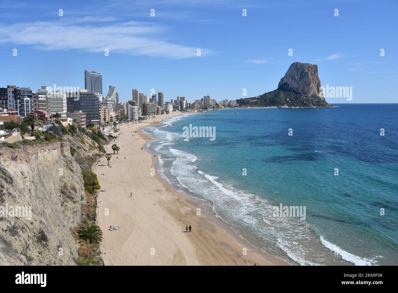 Panoramic view of Calpe Beach and the Penon de Ifach rock formation ...