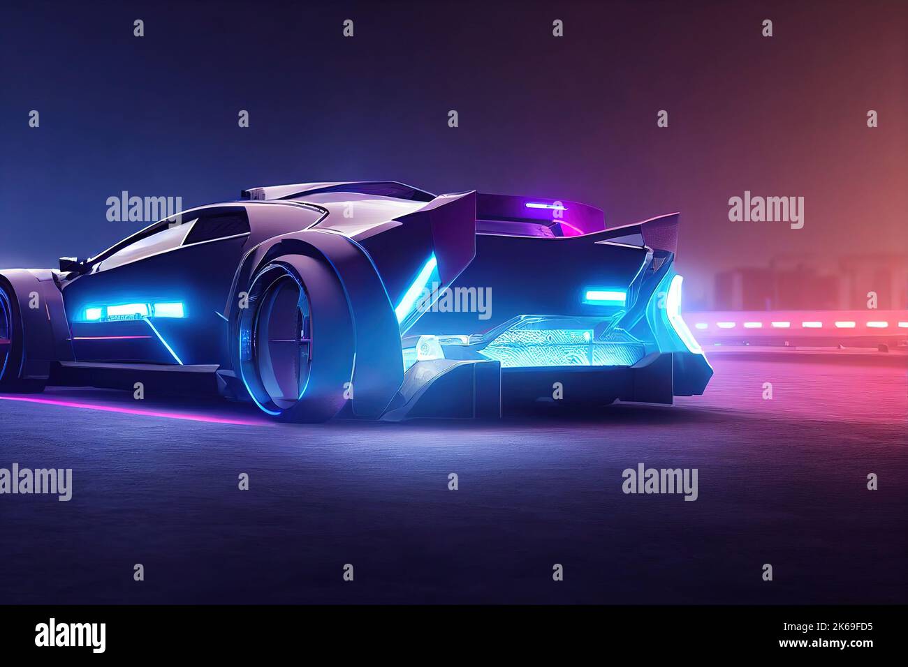 Futuristic Retro Wave Synth Wave Car Retro Sport Car With Neon Backlight Contours Digital