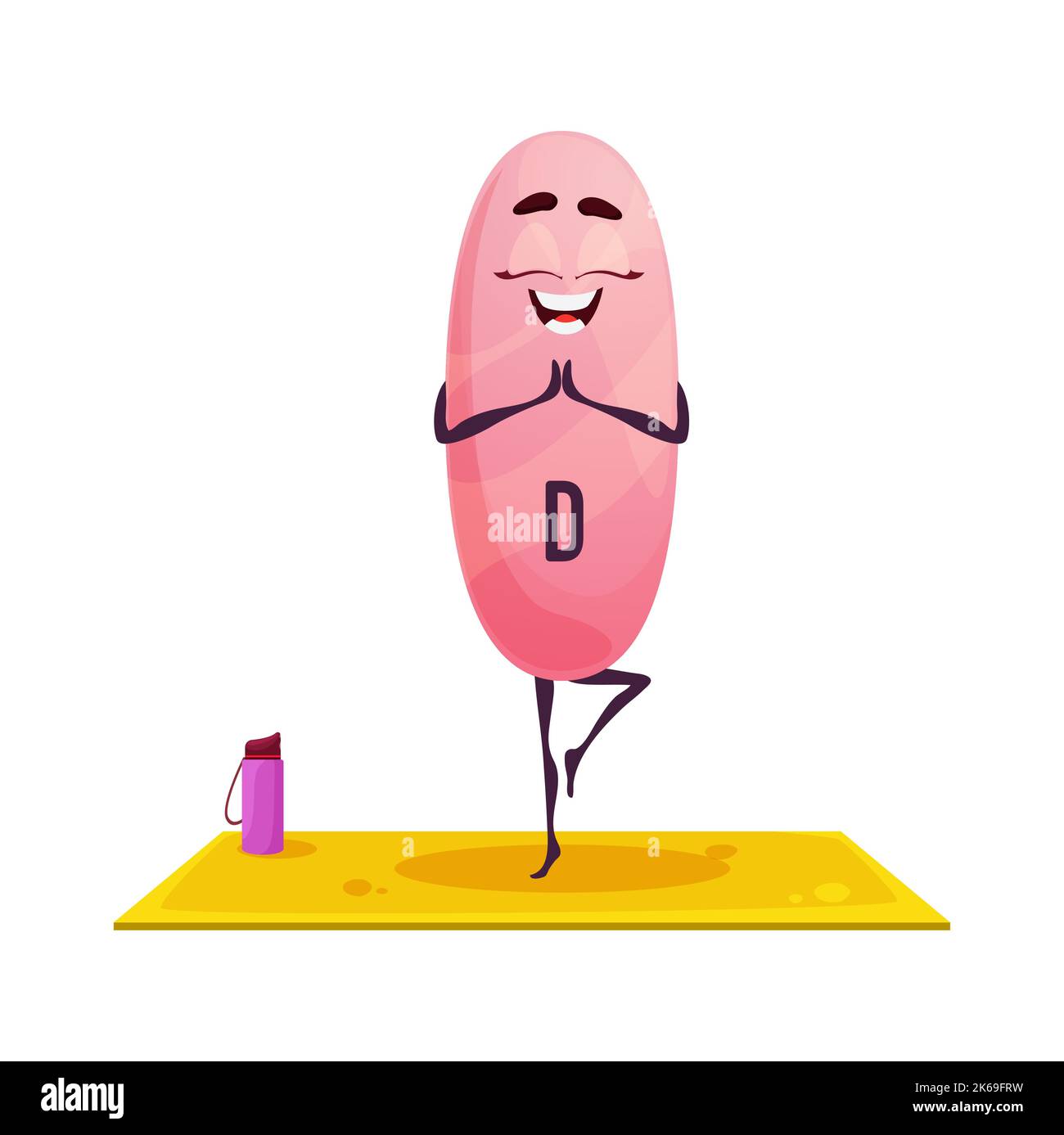 Cartoon vitamin D character meditate on yoga stand on one leg in yogi ...