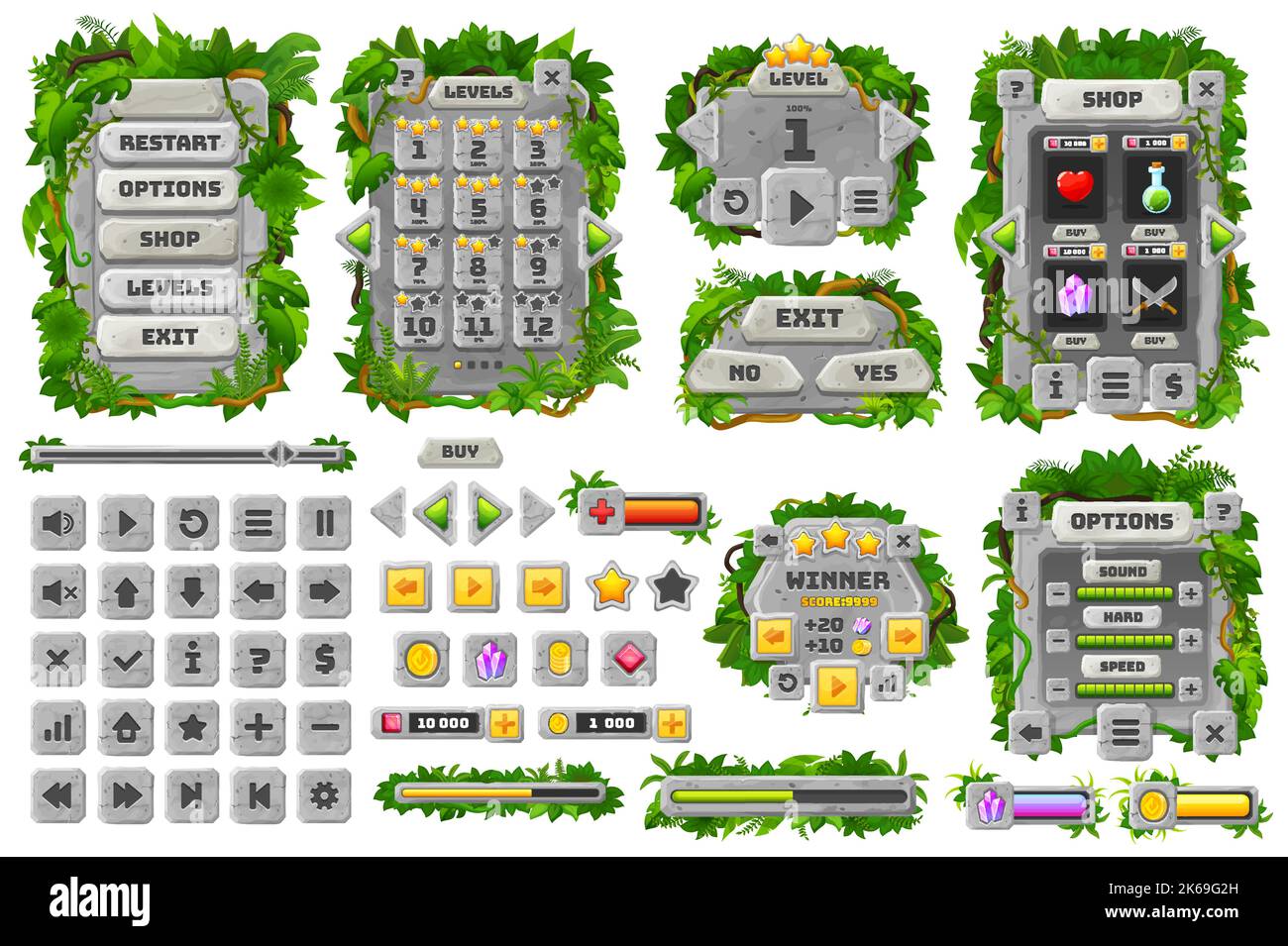 Jungle stones game interface, cartoon GUI elements and UI vector game ... Jungle stones game interface, cartoon GUI elements and UI vector game ...