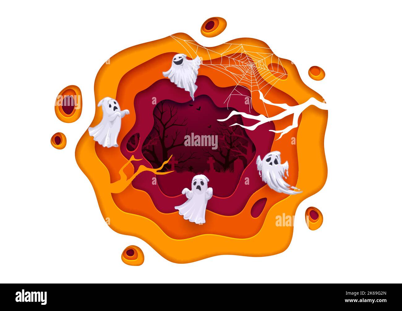 Halloween ghosts paper cut poster. Vector october holiday design with ...