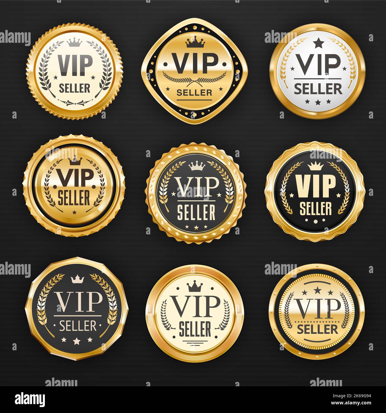 VIP seller golden badges and labels, premium quality store, vector gold ...