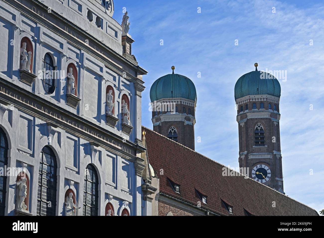 View of the towers of the Frauenkirche, Cathedral of Our Lady in Munich ...