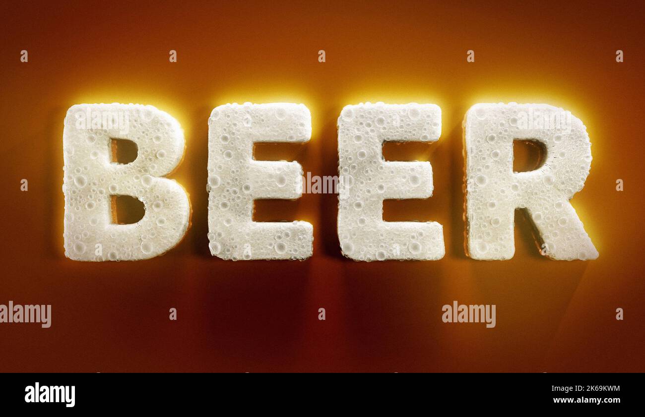 The word beer formed with foam in a horizontal format for pubs and ...