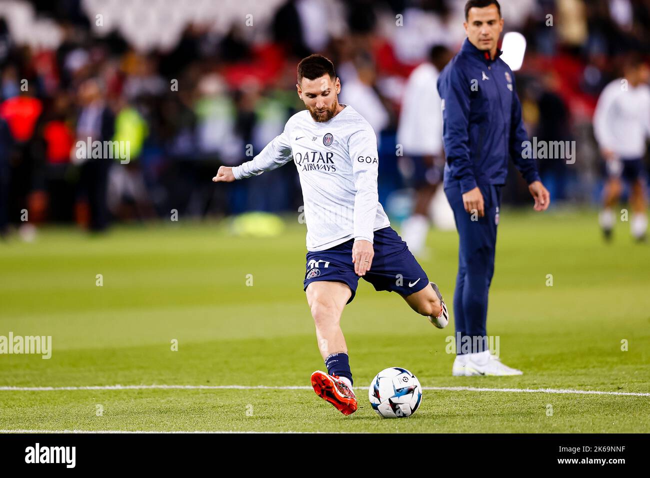 PARIS, FRANCE - OCTOBER 01: Lionel Messi of Paris Saint Germain warming ...