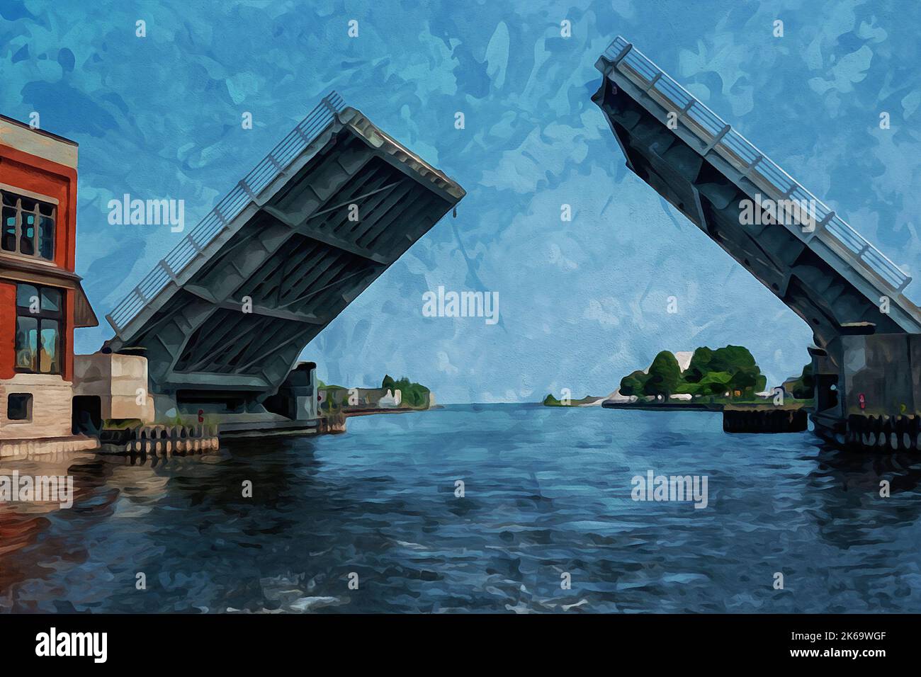 Digitally created watercolor painting of the Alpena draw bridge raised ...