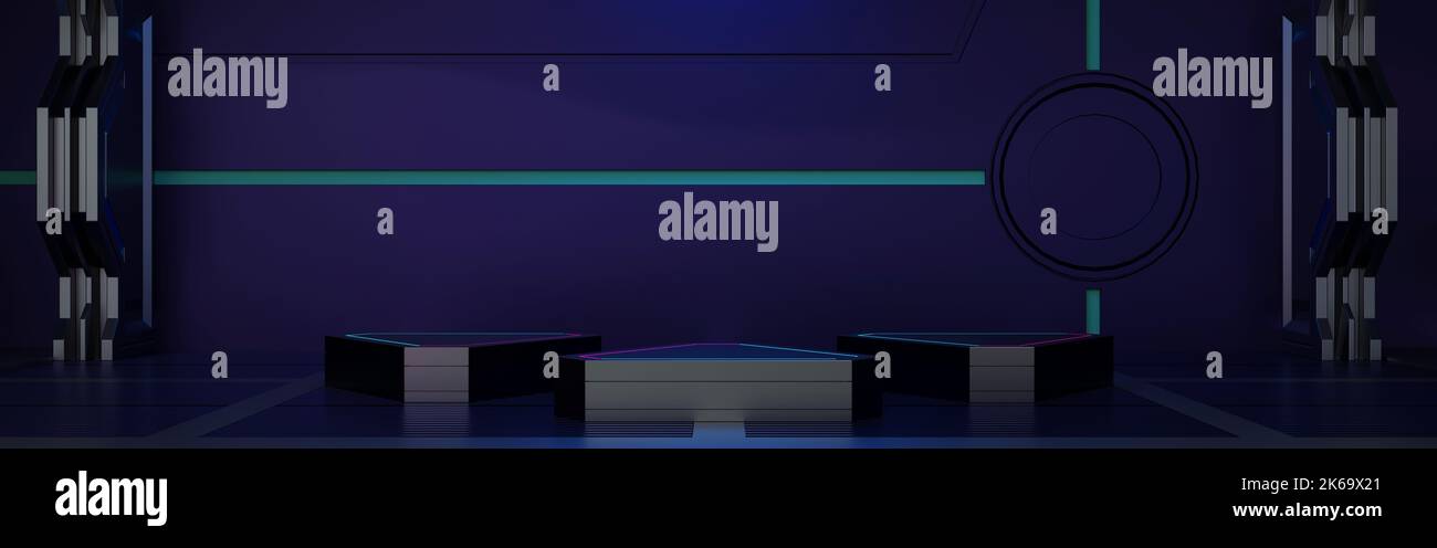 Modern podium in spaceship or space station interior, Sci Fi tunnel ...