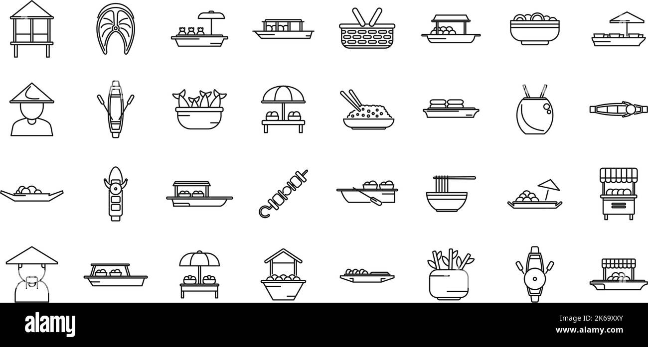 Floating market icons set outline vector. Asian basket. Attraction ...