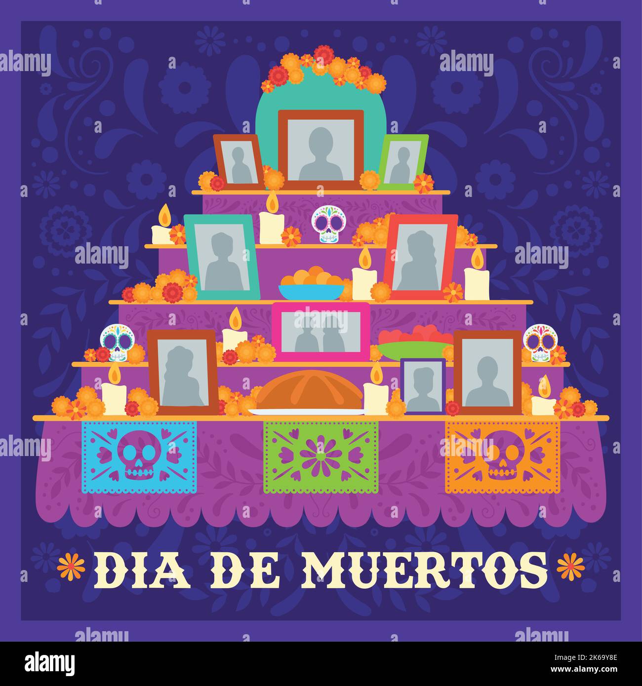 Colored mexican shrine with skulls Dia de los muertos poster Vector ...
