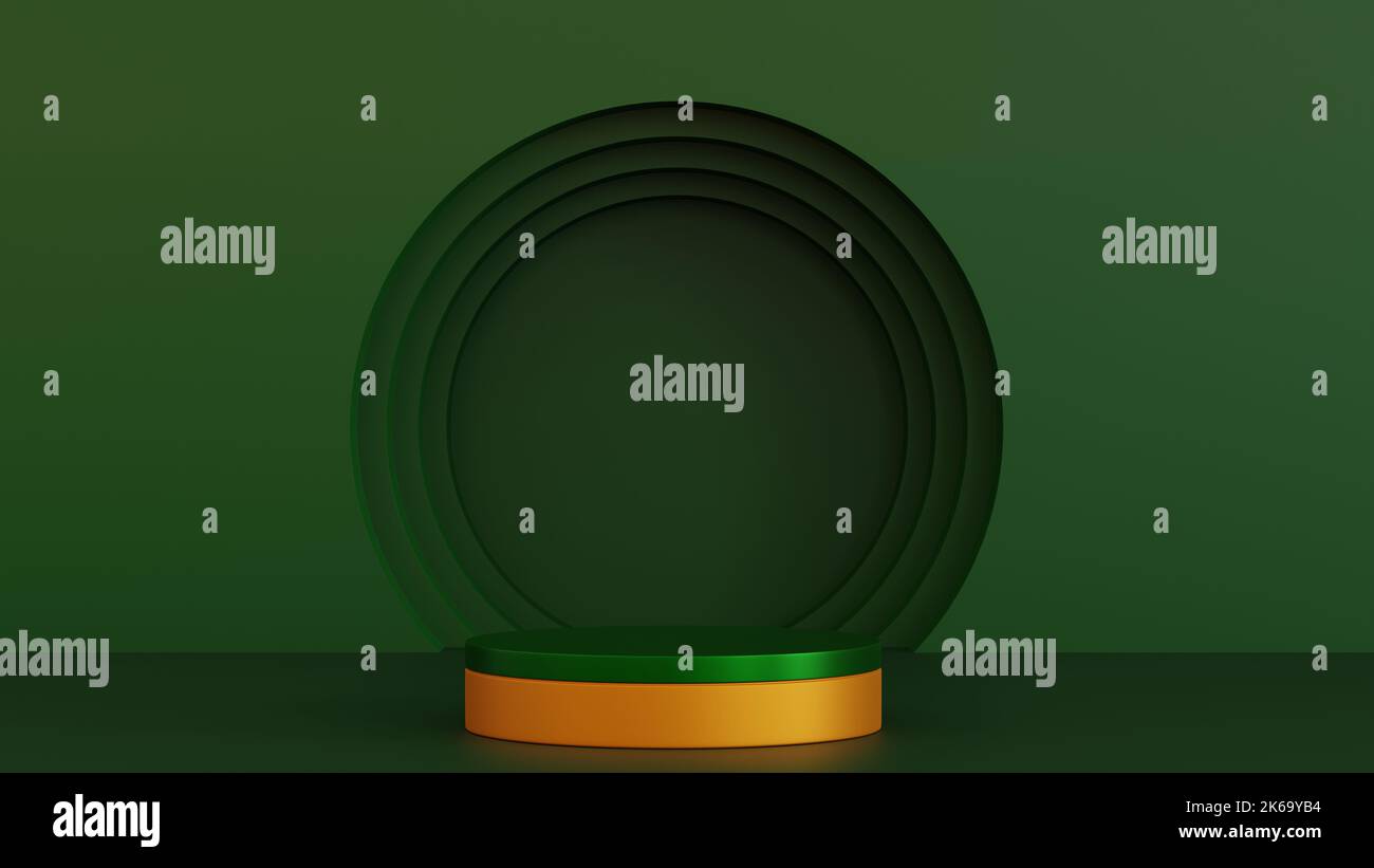 Green and yellow cylinder podium with green round circle niche wall ...