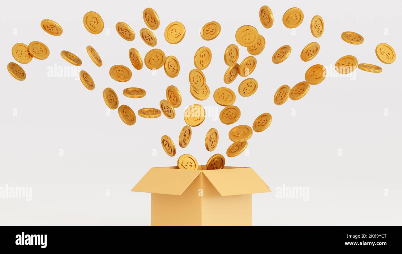 Gold coins explode or overflow from a box, success business, take ...