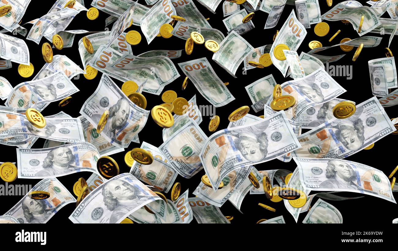 Falling gold coin and dollar banknote, money floating in air, business ...