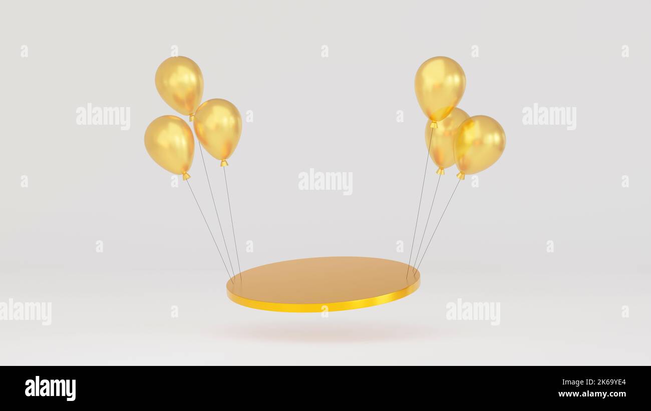 Empty floating gold round pedestal podium with balloon, stage for ...