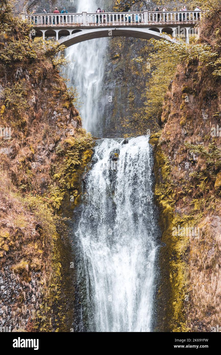 Multnomah Waterfalls with Benson Bridge in Columbia River Gorge, Oregon ...