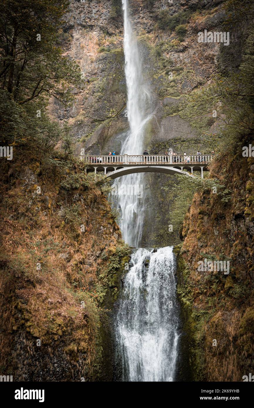 Multnomah Waterfalls with Benson Bridge in Columbia River Gorge, Oregon ...