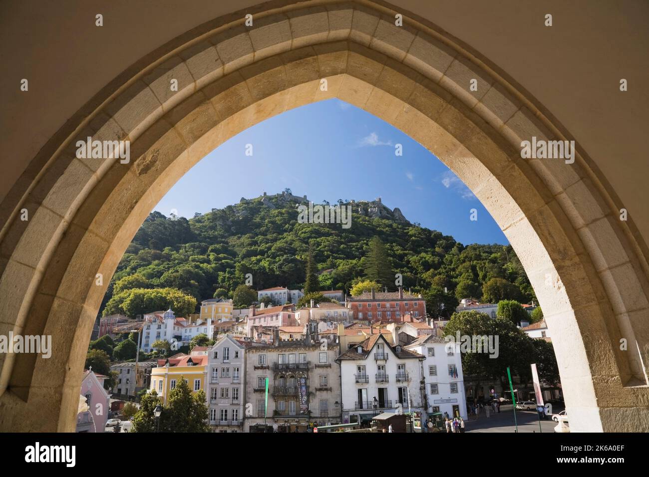 Sintra village with view of the Dos Mouros Castle on hilltop from ...