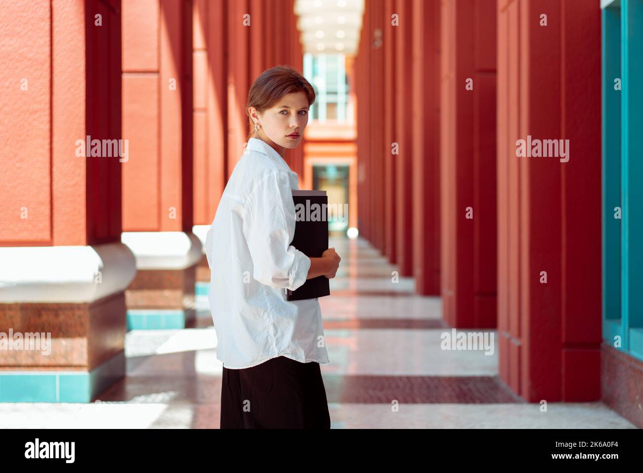 Businesswoman portrait. Caucasian female business person walking ...