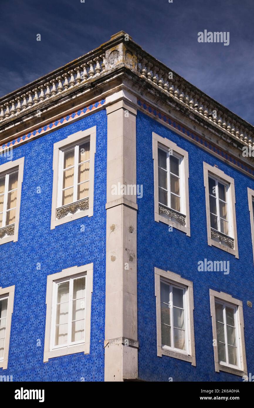 Partial view of residential building with blue azulejos ceramic tiles ...