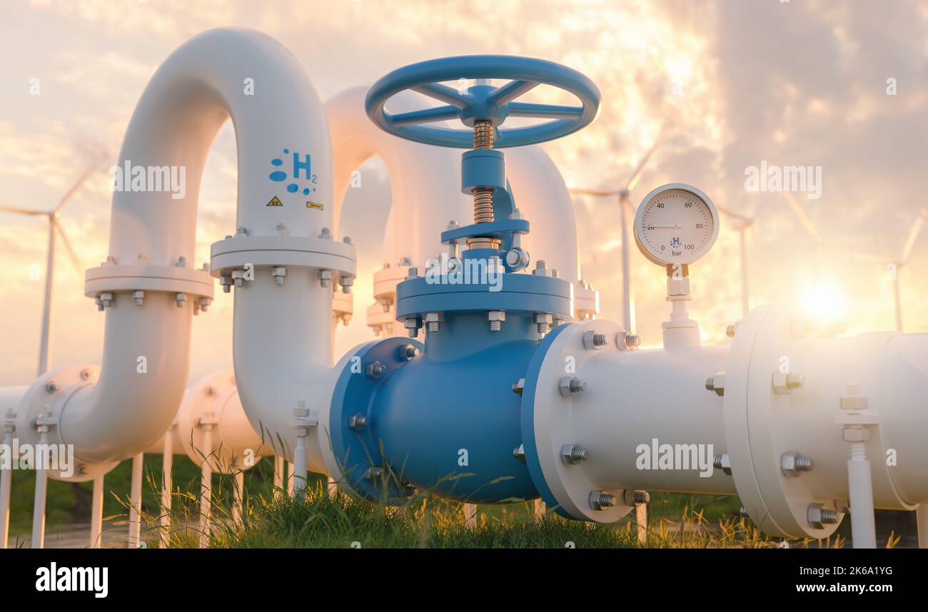 pipeline with a manometer of a hydrogen pipe and wind turbines in the ...