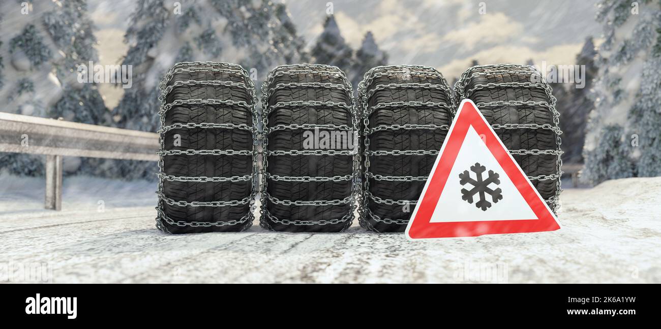 change a car tires from summer for winter, danger sign on the snow road ...