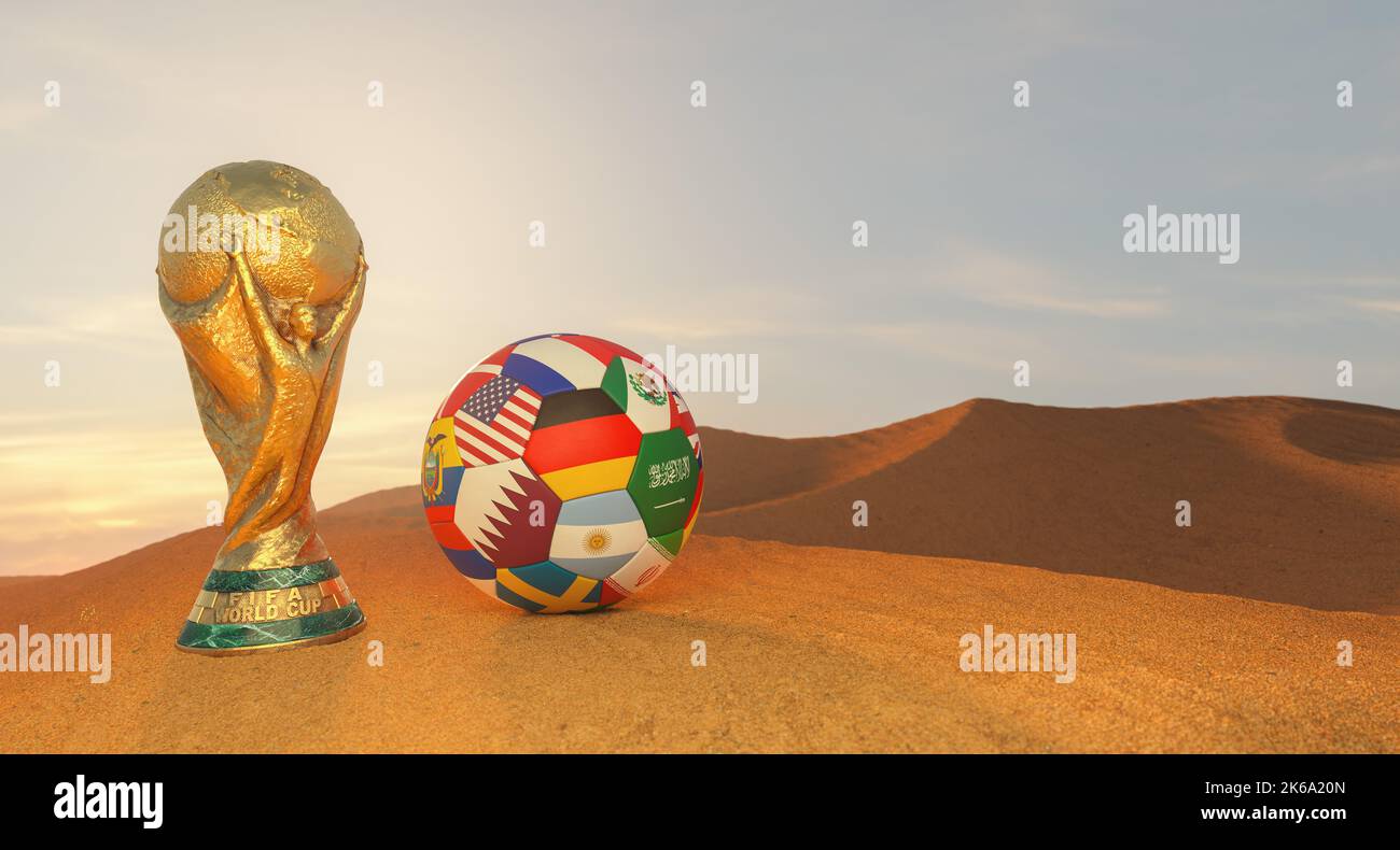 Fifa world cup 2022 celebration winning trophy with Big soccer ball ...