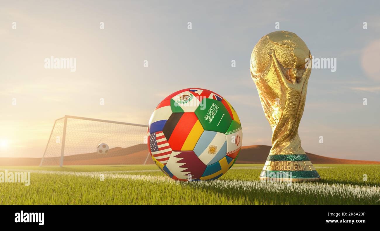 Fifa world cup 2022 celebration winning trophy with Big soccer ball ...