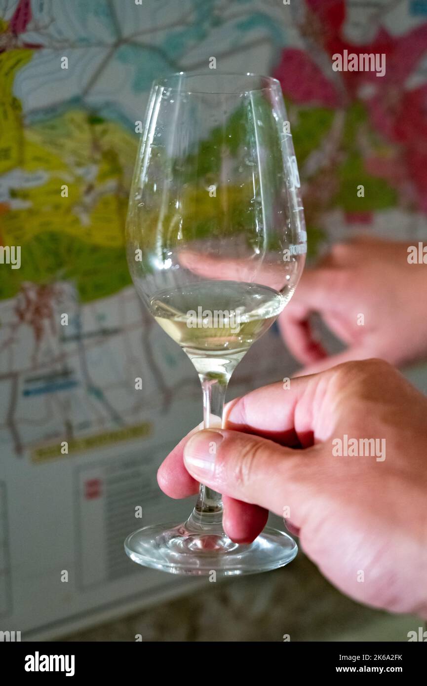 Wine tasting in underground cellars caves of French wine domain in ...