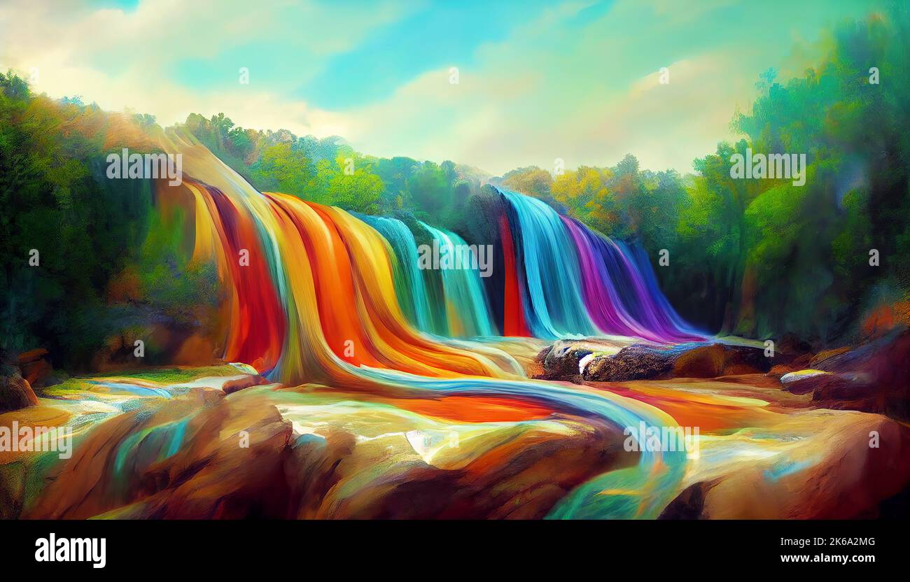Waterfall river flow rainbow colored forest. Digital illustration Stock ...