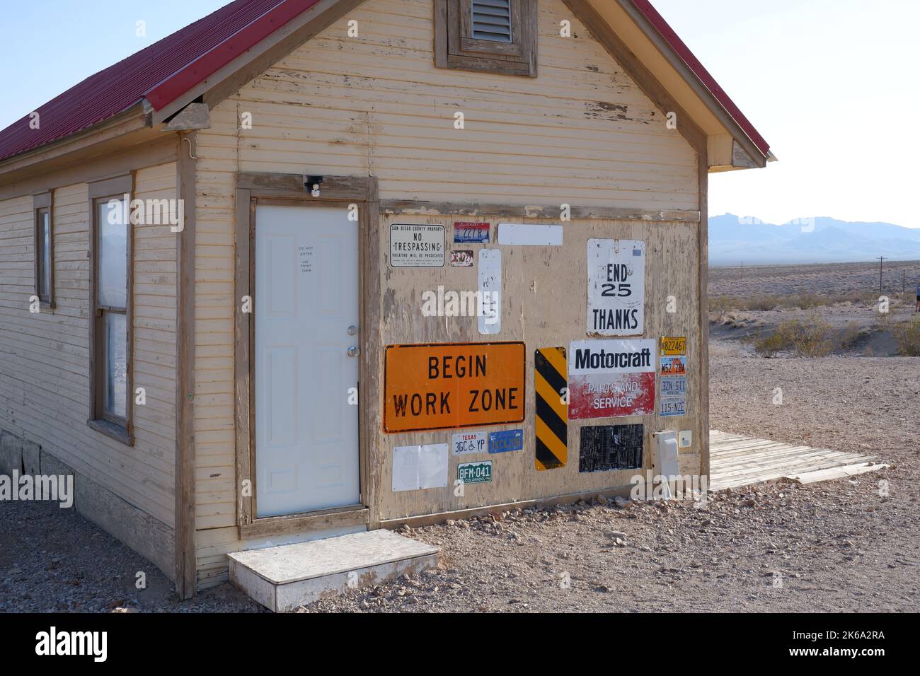 Small Building with Signs on the Front Stock Photo - Alamy