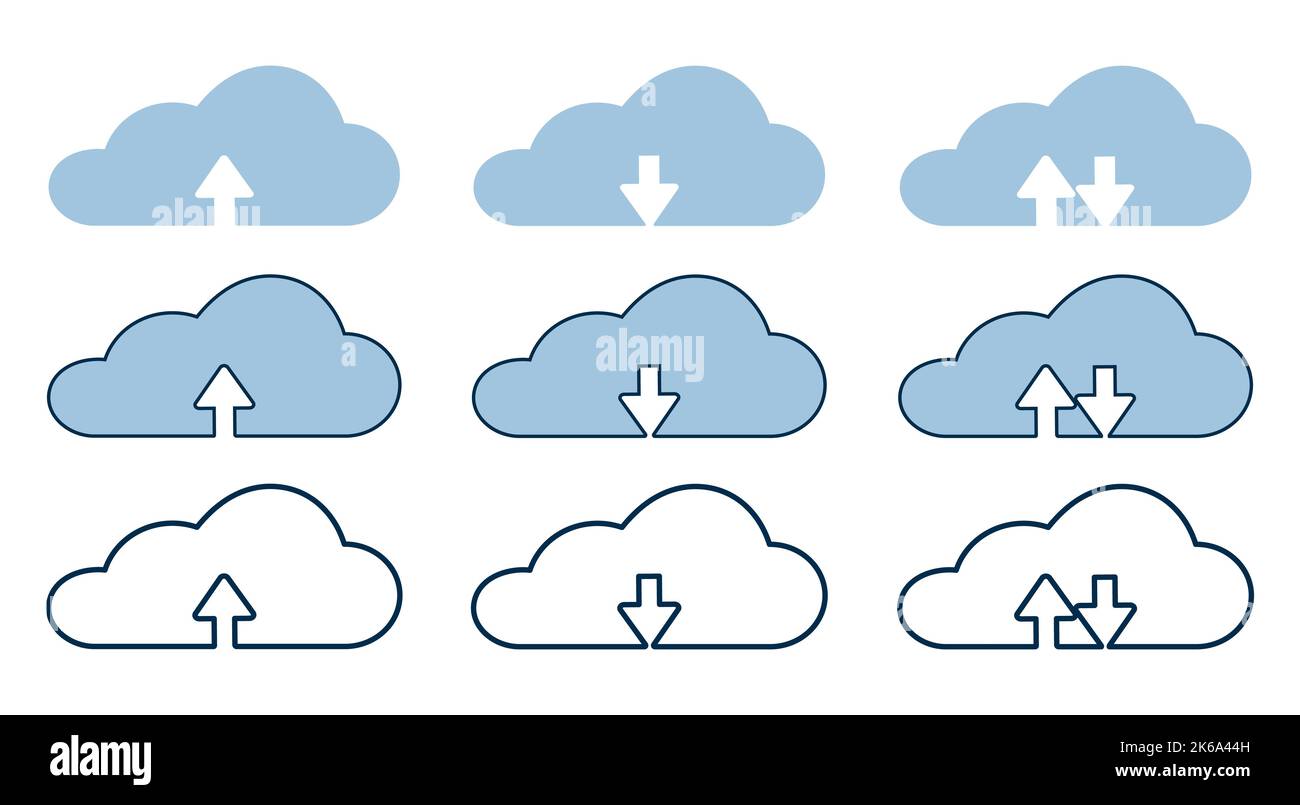 Collection cloud with arrow line icon. Upload and download cloud arrow vector symbols. Clouds ...