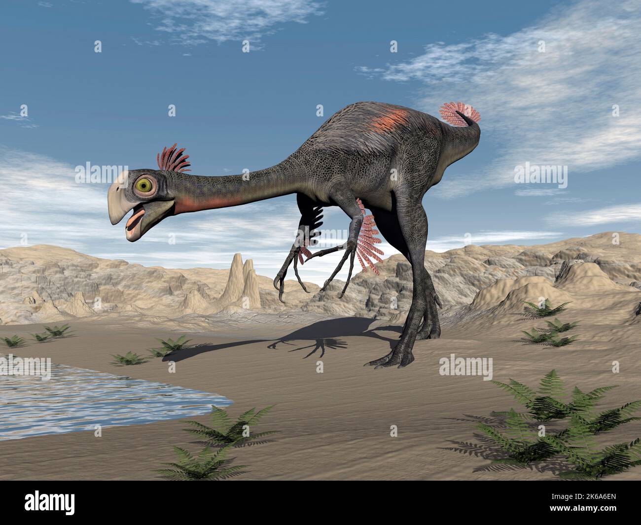 Gigantoraptor dinosaur drinking water in the desert Stock Photo - Alamy