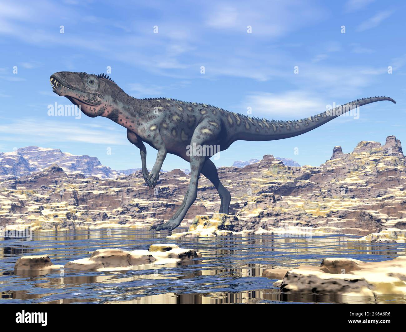 Masiakasaurus dinosaur walking on rough terrain next to water Stock ...